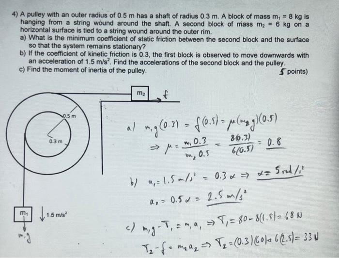 Solved 4) A pulley with an outer radius of 0.5 m has a shaft | Chegg.com