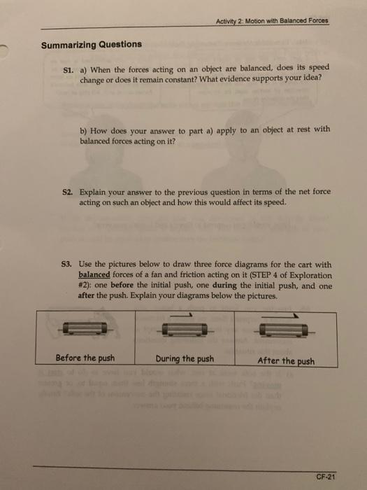 Solved Activity 2: Motion with Balanced Forces Summarizing | Chegg.com