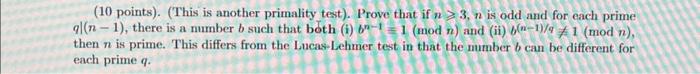 (10 points). (This is another primality test). Prove | Chegg.com
