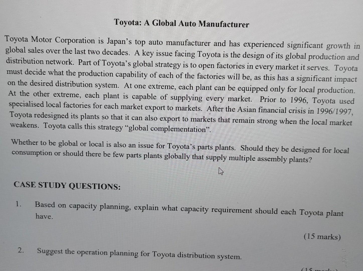 Solved Toyota: A Global Auto Manufacturer Toyota Motor | Chegg.com
