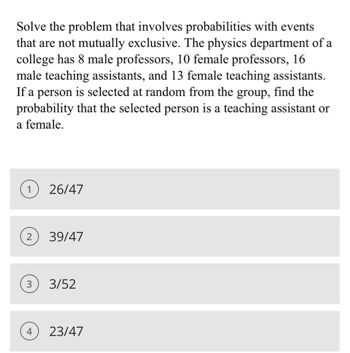 Solved Solve the problem that involves probabilities with | Chegg.com