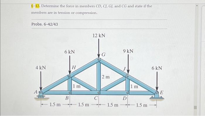 Solved 6-43. Determine the force in members CD, CJ, GJ, and | Chegg.com