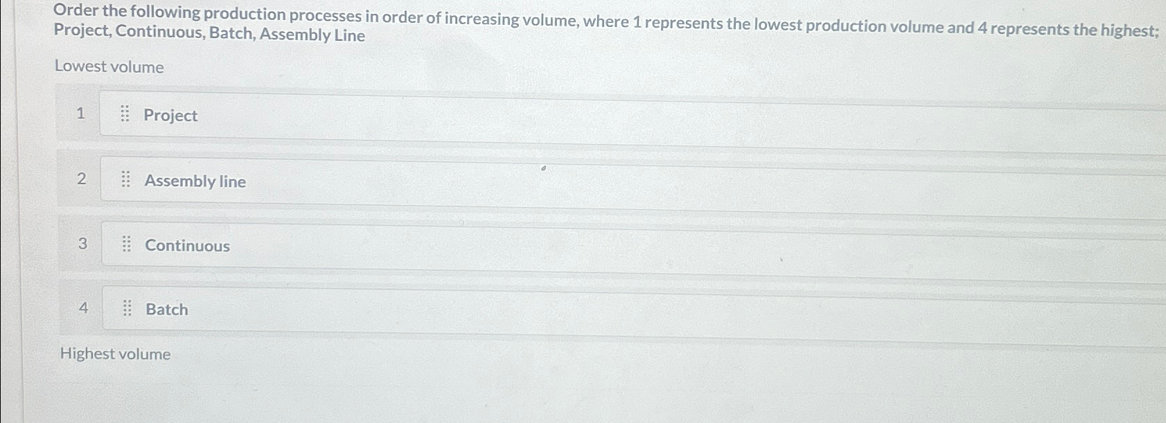 Solved Order the following production processes in order of | Chegg.com