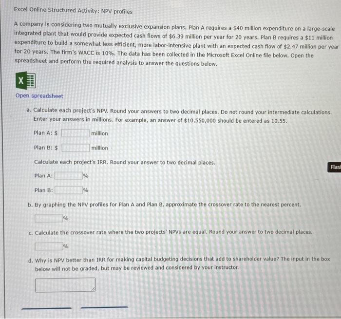Solved Excel Online Structured Activity: NPV profiles A | Chegg.com