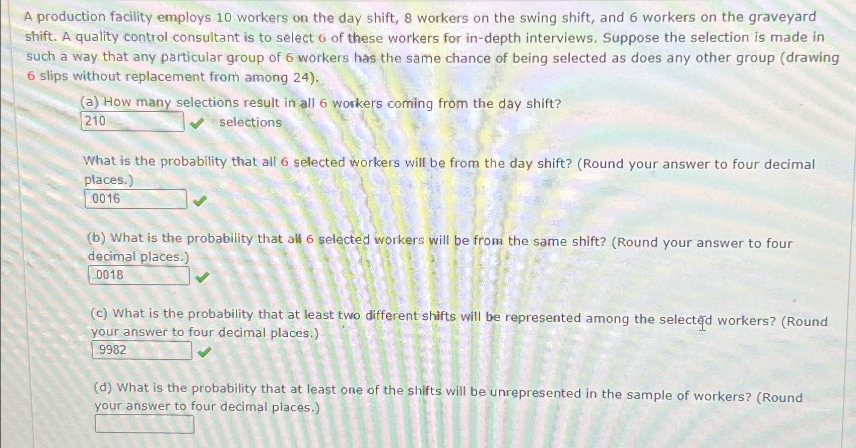 Solved A production facility employs 10 ﻿workers on the day | Chegg.com