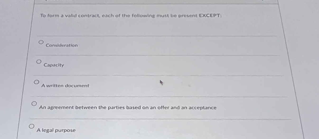 Solved To form a valid contract, each of the following must | Chegg.com