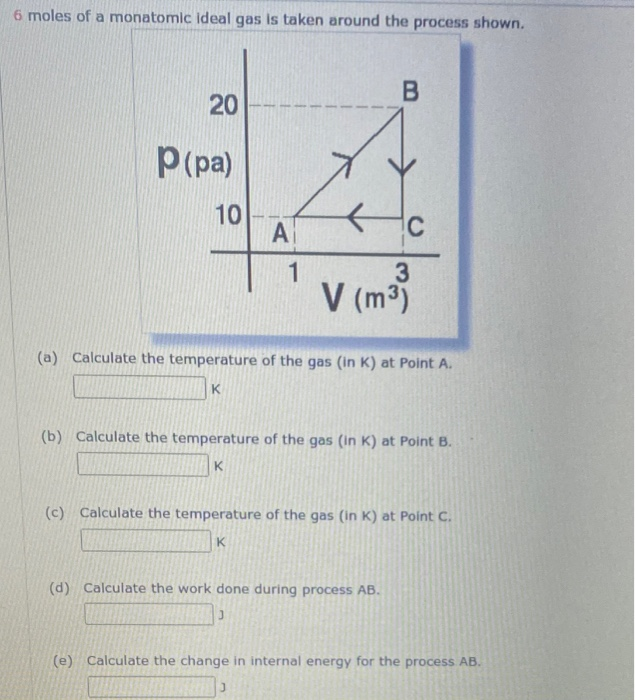 Solved 6 moles of a monatomic ideal gas is taken around the | Chegg.com