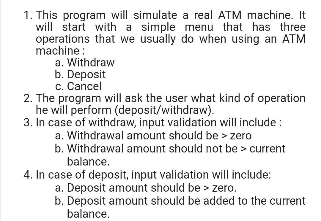 Solved write a c++ program for ATM with the instructions | Chegg.com