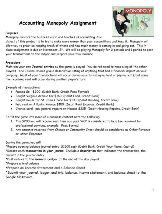 ACCOUNTING MONOPOLY ASSIGNMENT I need general | Chegg.com