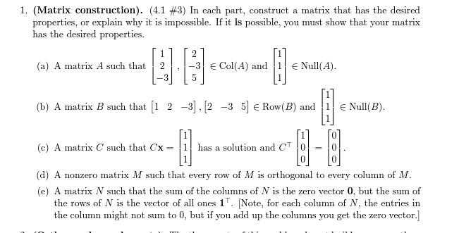 Solved 1. (Matrix construction). (4.1 #3) In each part, | Chegg.com