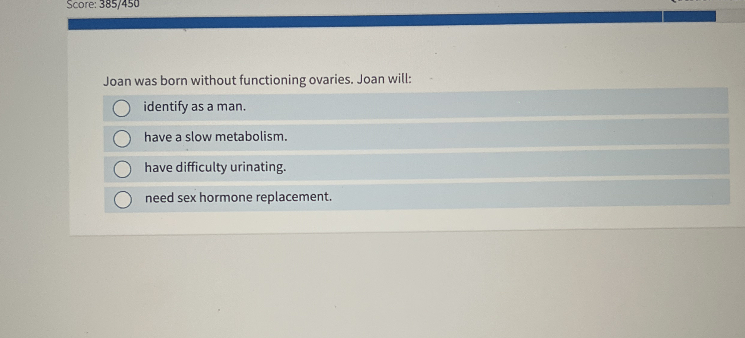 Solved Score: 385/450Joan was born without functioning | Chegg.com