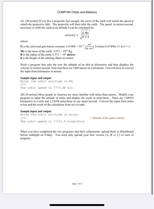 Solved COMP160 Orbits and Balloons 2A. [40 points) If you | Chegg.com