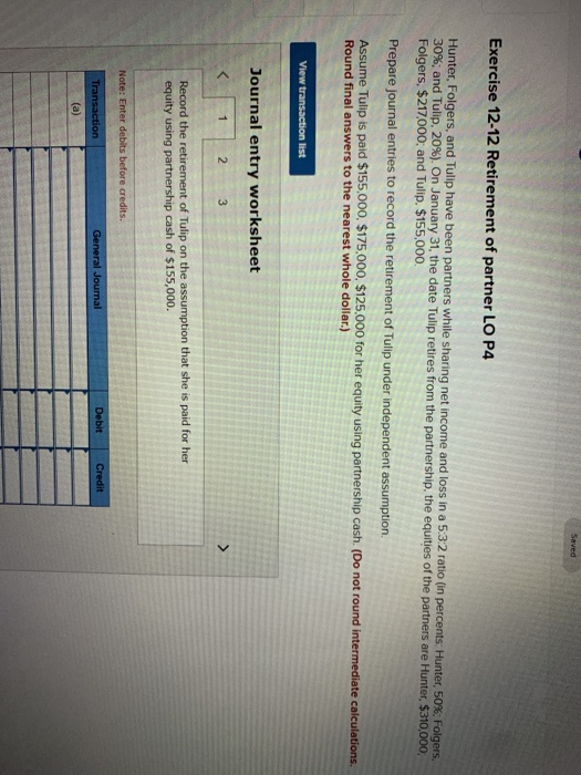 Solved Exercise 12-7 Journalizing partnership transactions | Chegg.com