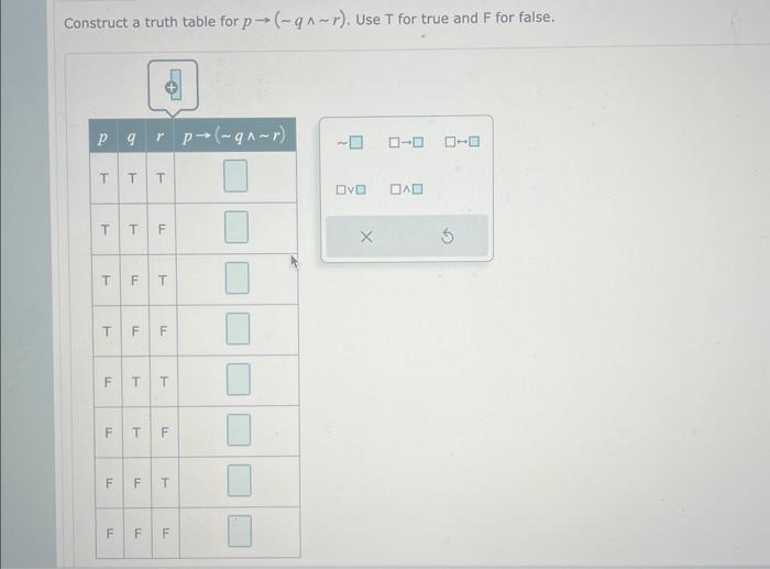 Solved Construct a truth table for p→(∼q∧∼r). Use T for true | Chegg.com