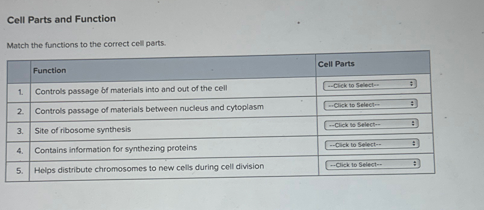 Solved Cell Parts and FunctionMatch the functions to the | Chegg.com