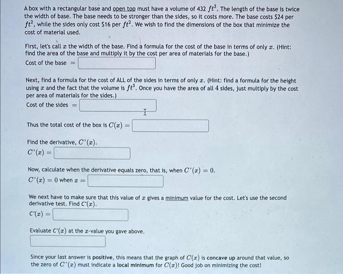 Solved A box with a rectangular base and open top must have | Chegg.com