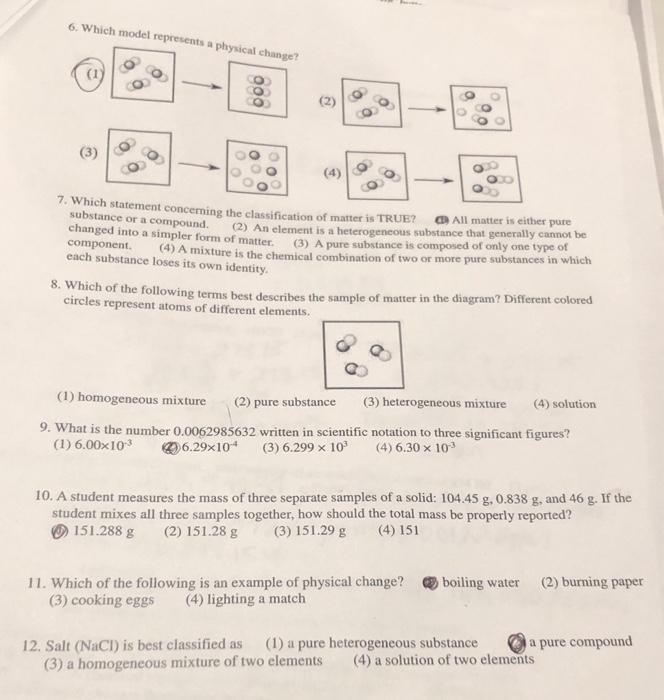 Solved 6. Which model represents a physical change? (1) (3) | Chegg.com