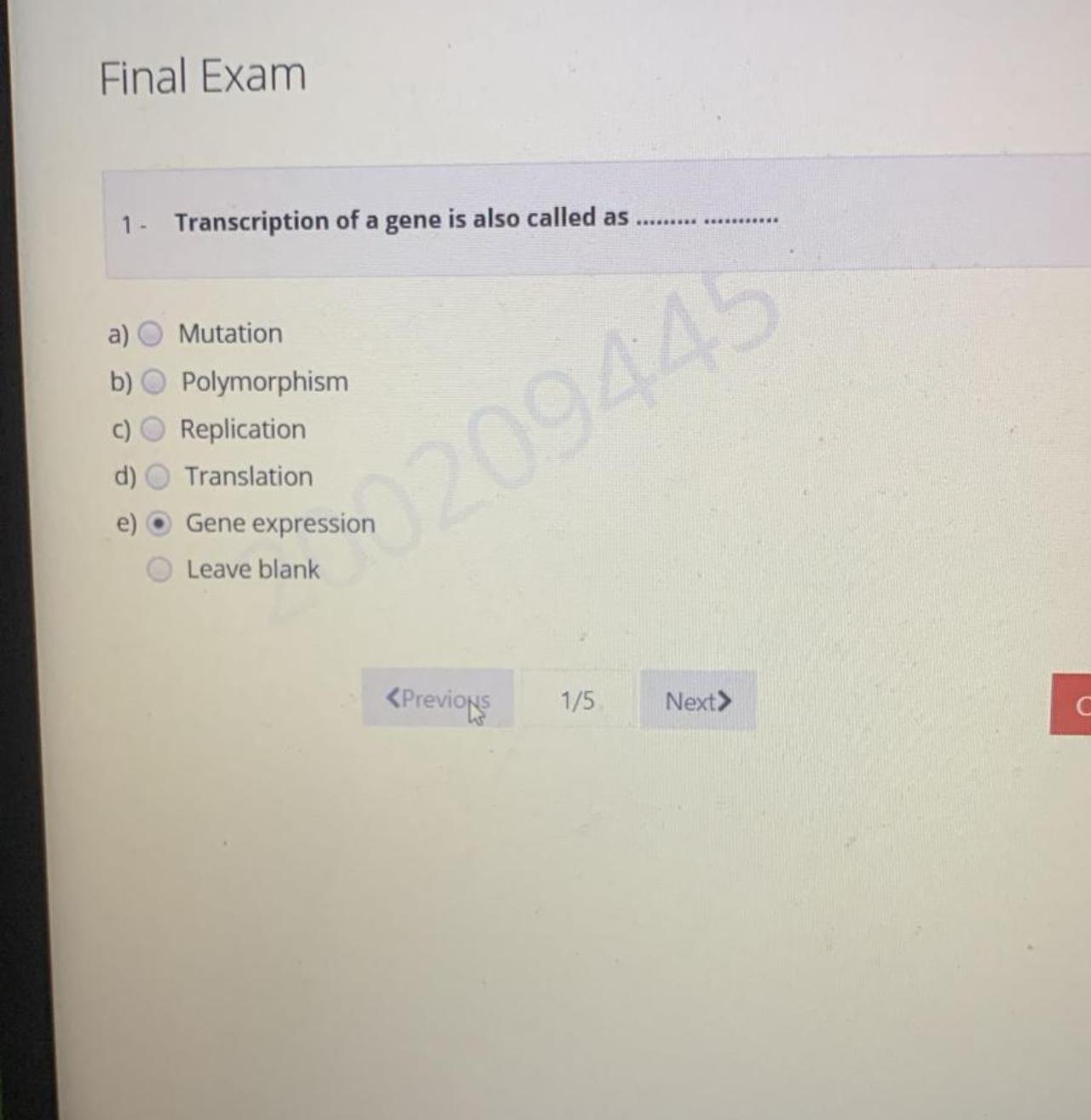 Solved Final ExamTranscription of a gene is also called asa) | Chegg.com