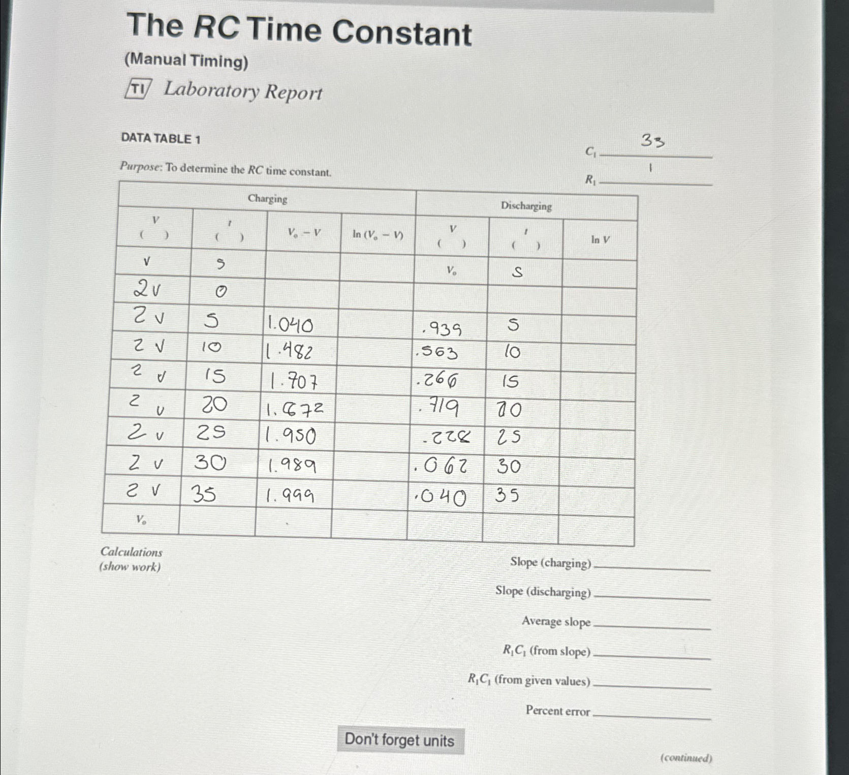 The RC Time Constant(Manual Timing)TI Laboratory | Chegg.com