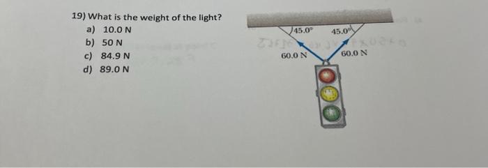 Solved 19) What is the weight of the light? a) 10.0 N b) 50 | Chegg.com