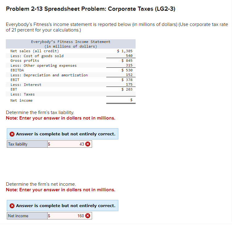 Problem 2-13 ﻿Spreadsheet Problem: Corporate Taxes | Chegg.com