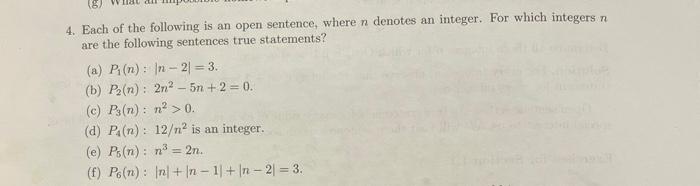 Solved 4. Each of the following is an open sentence, where n | Chegg.com
