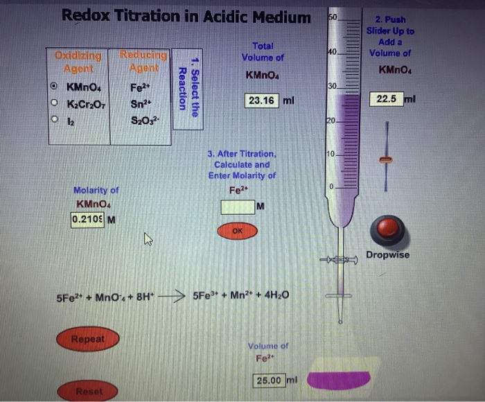 Solved Redox Titration in Acidic Medium 50 2. Push Slider Up | Chegg.com