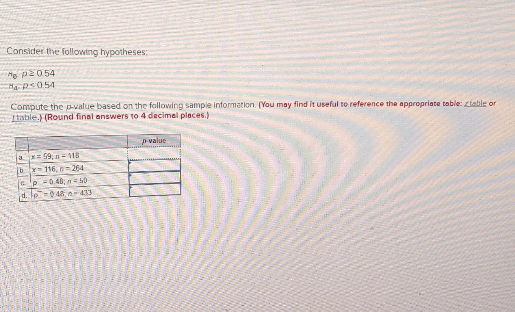 Solved Consider the following hypotheses: H0:p≥0.54HA:p
