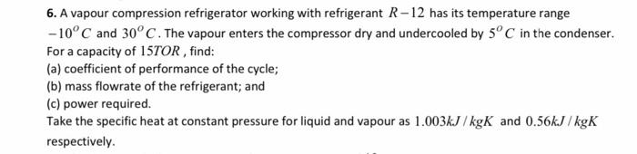 Solved 6. A vapour compression refrigerator working with | Chegg.com