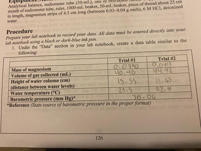 Solved Analytical balance, eudiometer tube (50-mL), one or | Chegg.com
