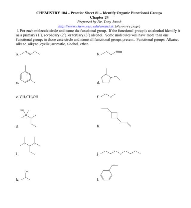 Solved CHEMISTRY 104 - Practice Sheet #1 - Identify Organic | Chegg.com