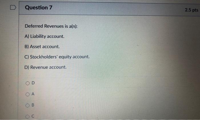 Solved Deferred Revenues is a(n): A) Liability account. B) | Chegg.com