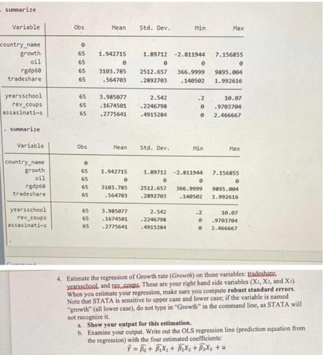 Solved Summarize Variable Obs Mean Std Dev Min Max