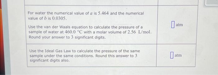 Solved For water the numerical value of a is 5.464 and the | Chegg.com