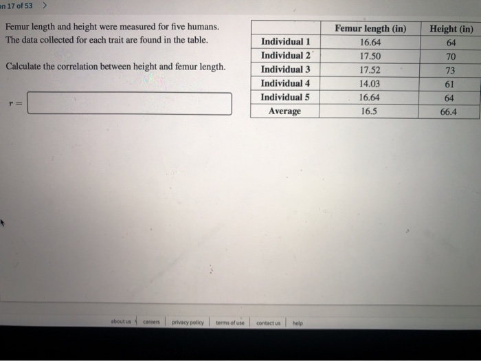 Solved on 17 of 53 > Femur length and height were measured | Chegg.com