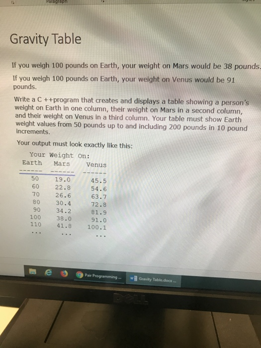 Solved Paragraph Gravity Table If you weigh 100 pounds on | Chegg.com