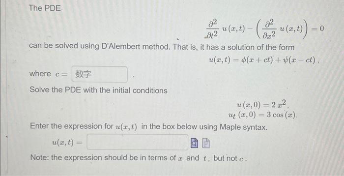 Solved The PDE ∂t2∂2u(x,t)−(∂x2∂2u(x,t))=0 can be solved | Chegg.com