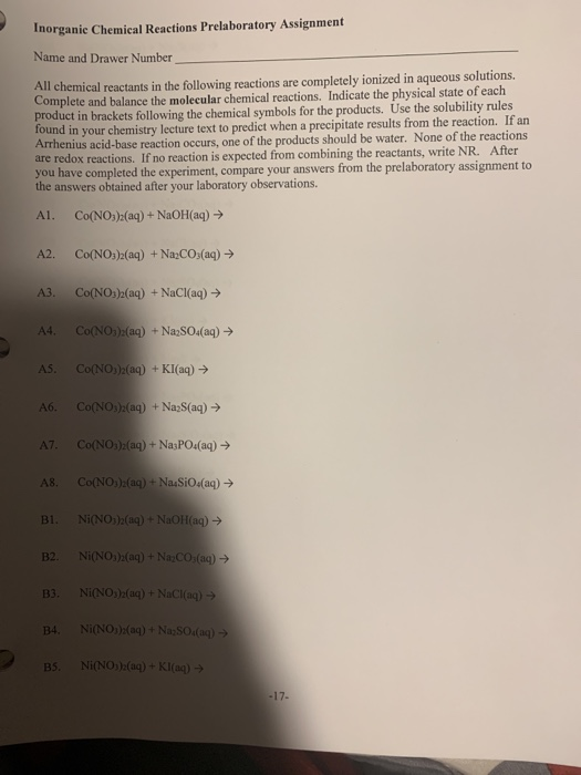 Solved Inorganic Chemical Reactions Prelaboratory Assignment | Chegg.com