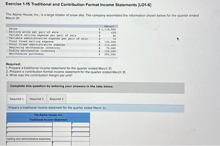 Solved Exercise 1-15 Traditional and Contribution Format | Chegg.com