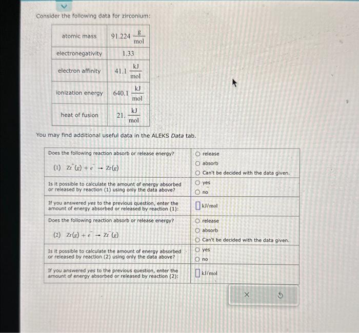 Solved Consider the following data for zirconium: You may | Chegg.com