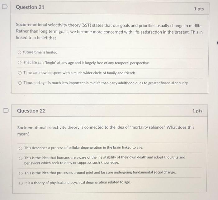 Solved Question 21 1 pts Socio-emotional selectivity theory | Chegg.com