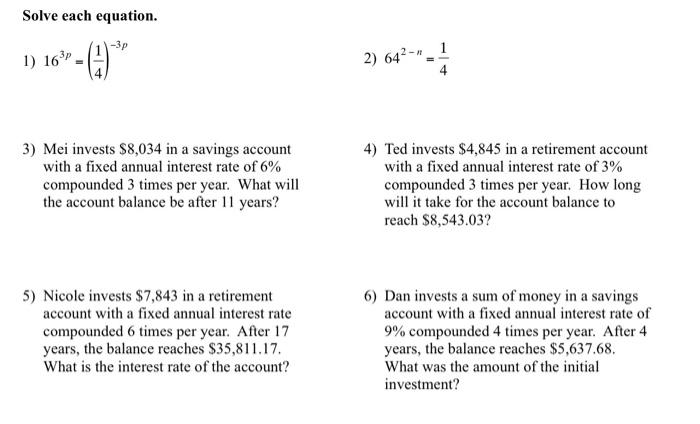 Solved Solve each equation. 1) 163p=(41)−3p 2) 642−n=41 3) | Chegg.com