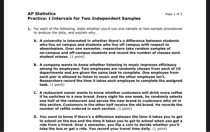 Solved AP Statistics Practice: t Intervals for Two | Chegg.com