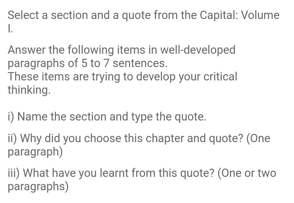Solved Select a section and a quote from the Capital: Volume | Chegg.com