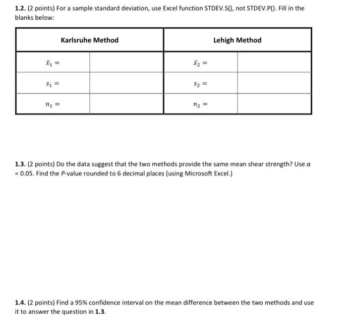 Solved 1.2. (2 points) For a sample standard deviation, use | Chegg.com
