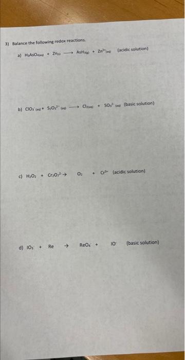 Solved 3) Balance the following redox reactions: | Chegg.com