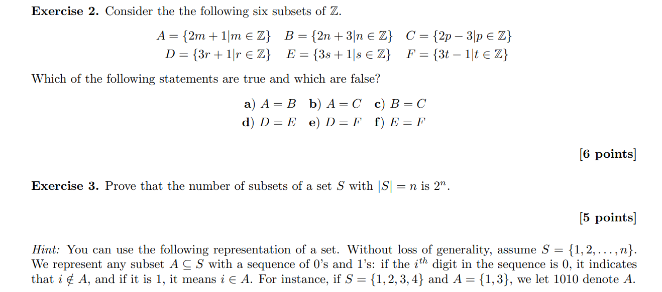 Solved Exercise 2. ﻿Consider the the following six subsets | Chegg.com