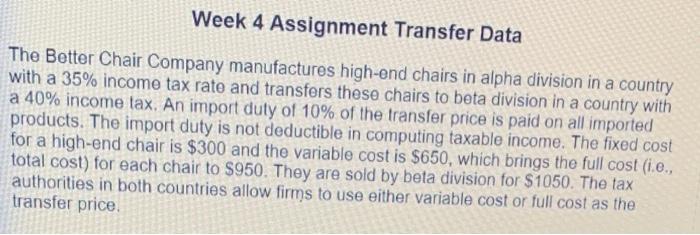 Solved Week 4 Assignment Transfer Data The Better Chair | Chegg.com