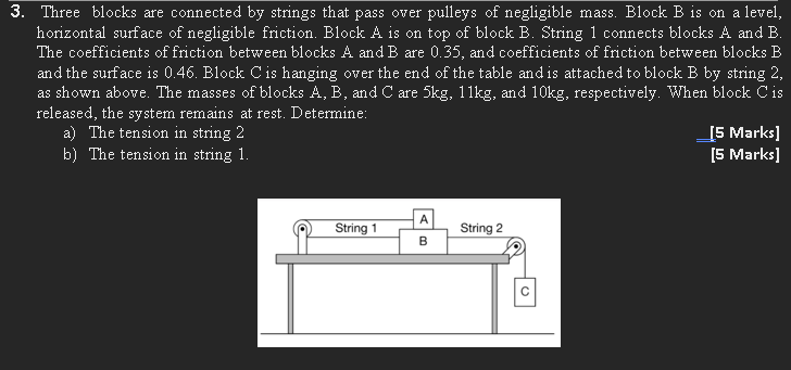 Solved Three blocks are connected by strings that pass over | Chegg.com