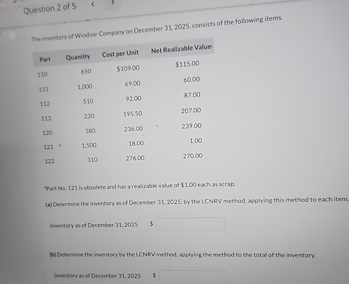 Solved Question 2 ﻿of 5The inventory of Windsor Company on | Chegg.com